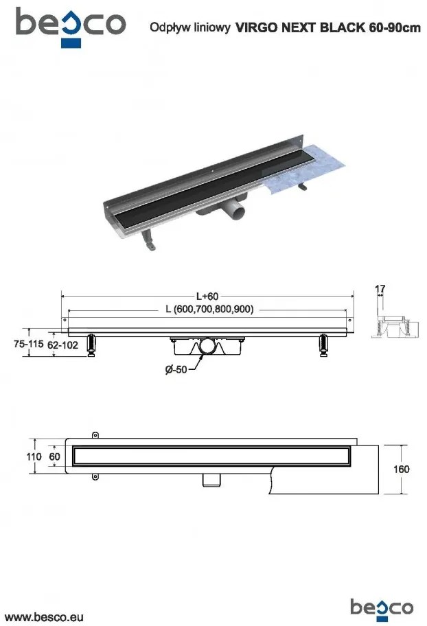 BESCO Odtokový žlab VIRGO NEXT BLACK Rozměr A - 80 cm ZLOL80VNB