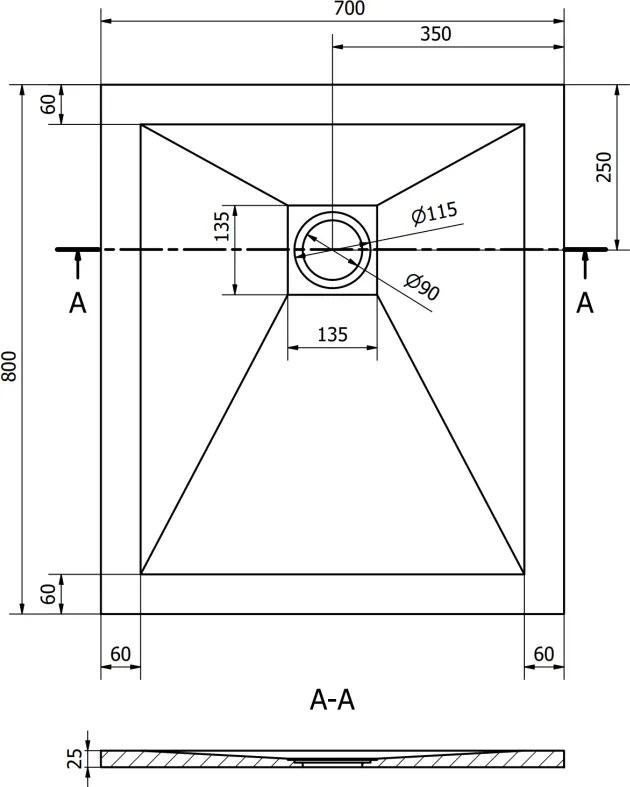 Mexen Stone+, obdélníková vanička z minerálního kompozitu 80 x 70 cm, šedá-betonová, 44617080