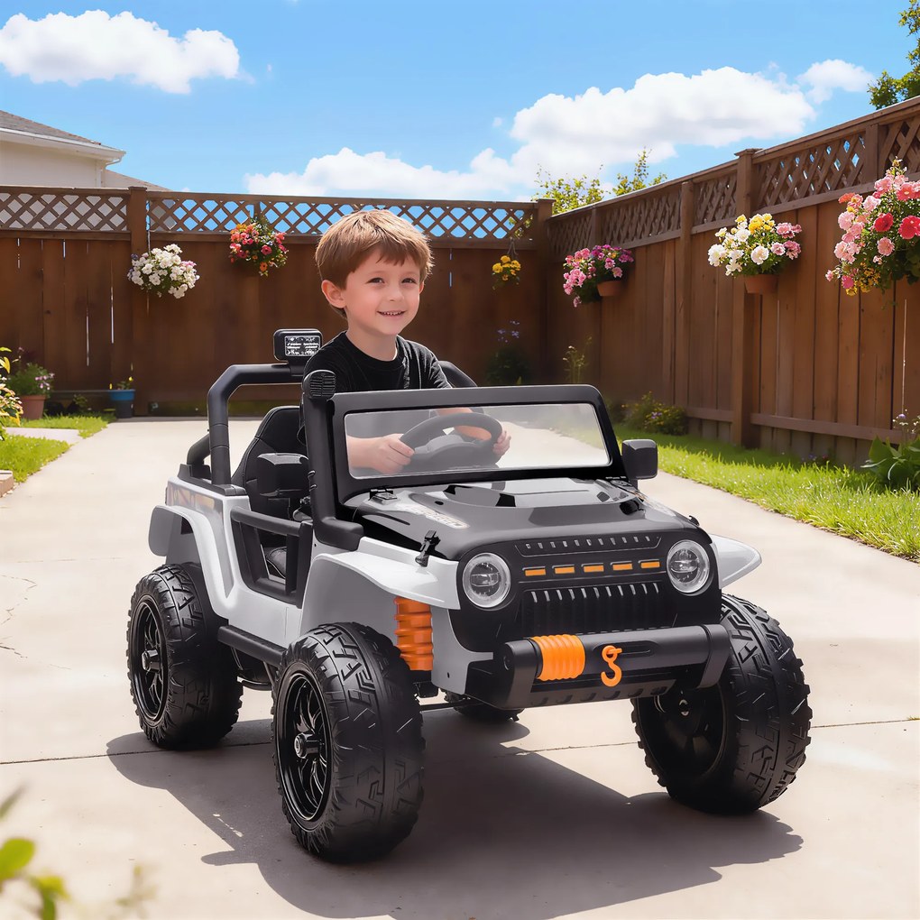 AIYAPLAY Dětské elektrické vozidlo, 12V baterie, s rodič-dítě sedadlem, ovladatelné dálkově, hudba, klakson, LED světla, 3-8 let, bílé