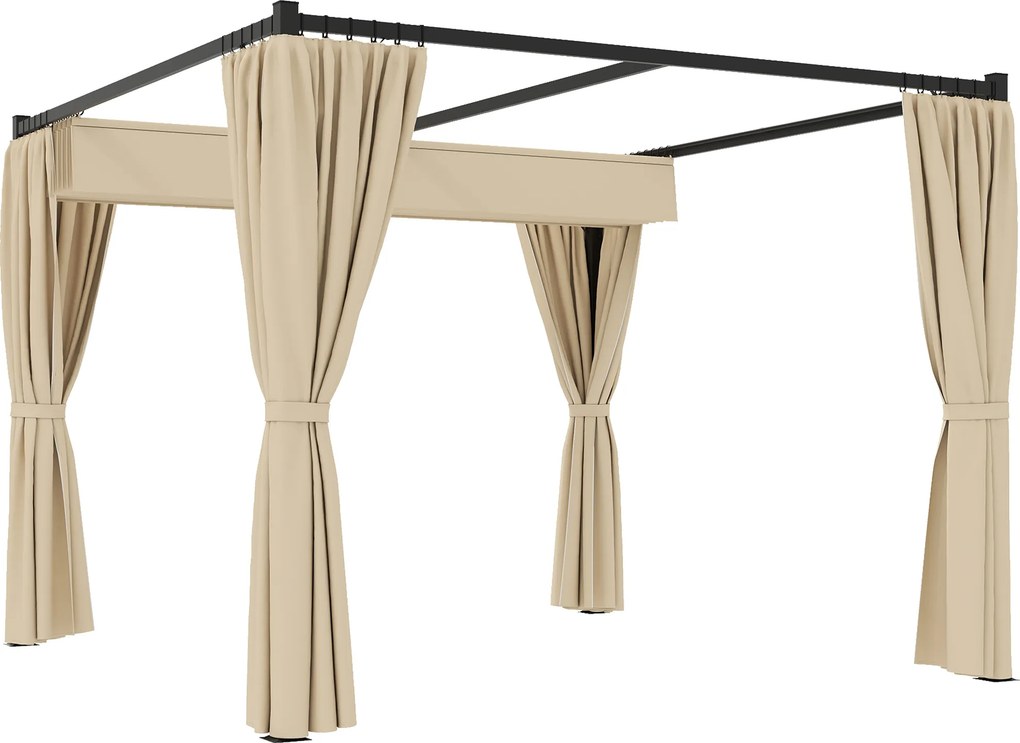Outsunny pergola 3 x 3 m, volně stojící zastřešení terasy s posuvnou střechou, 4 boční stěny, odolné proti UV, béžové