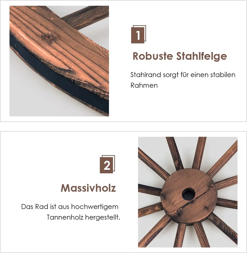 Costway Vagónové kolo dřevěné kolo ozdobné vozítko s plechem – 76 x76 x3,5 cm