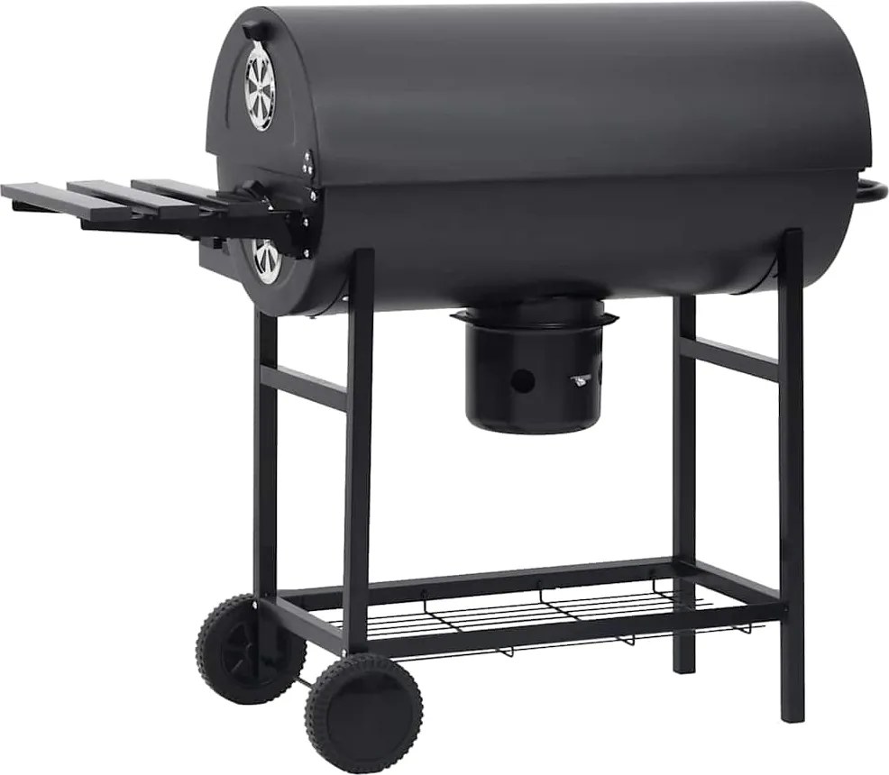 Válcový gril s kolečky a poličkami černý ocel 115 x 85 x 95 cm 313636