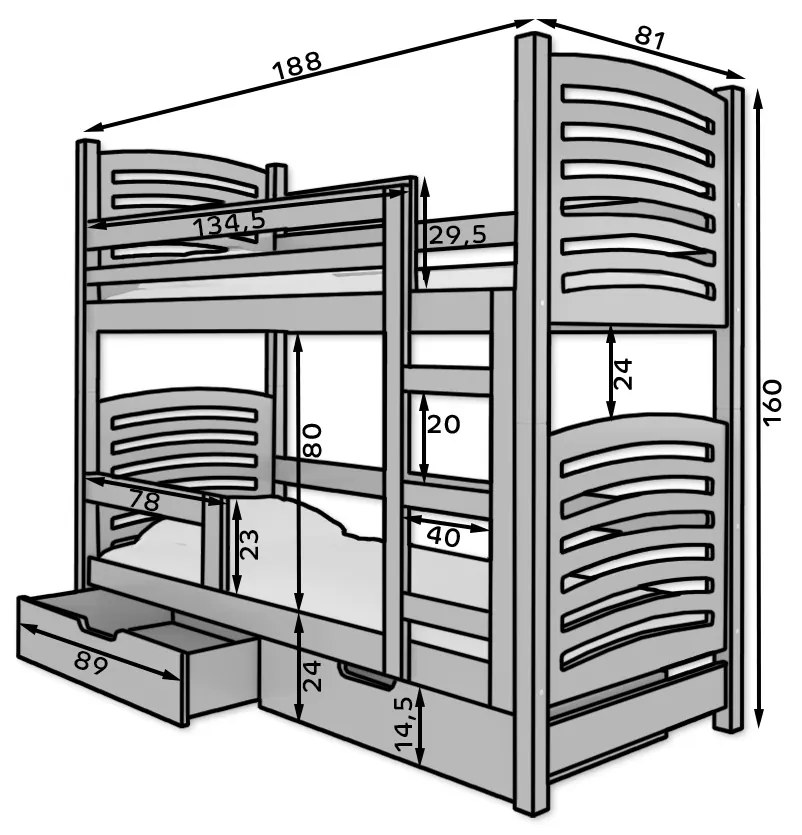 ADRK Patrová postel OSUNA, CH-Osu-PIN+BL-D064, 180x75 cm s matrací, borovice/modrá