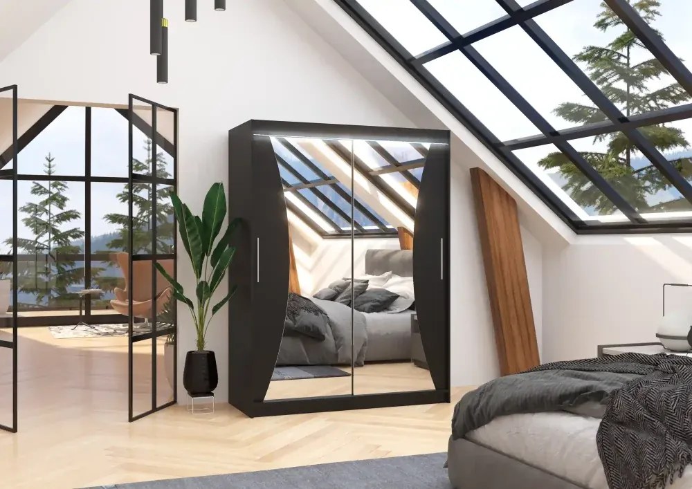 Posuvná skříň se zrcadlem a LED osvětlením MAX 150 černá