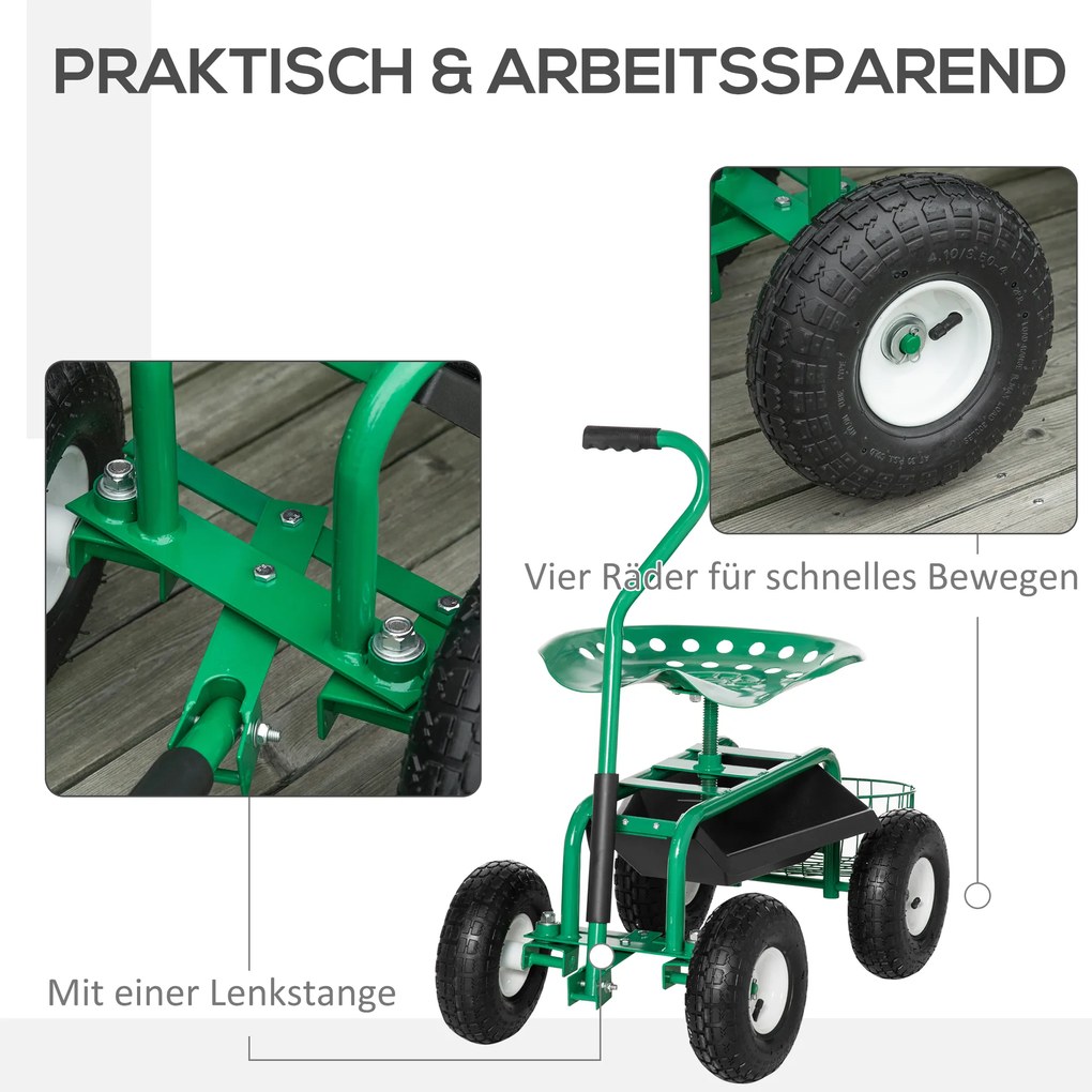 Zahradní vozík Outsunny, dílenský vozík, zahradní sedačka s otočným sedadlem, úložný koš, výškově nastavitelný, nosnost 150 kg, zelený, 81 x 44,5 x 4…