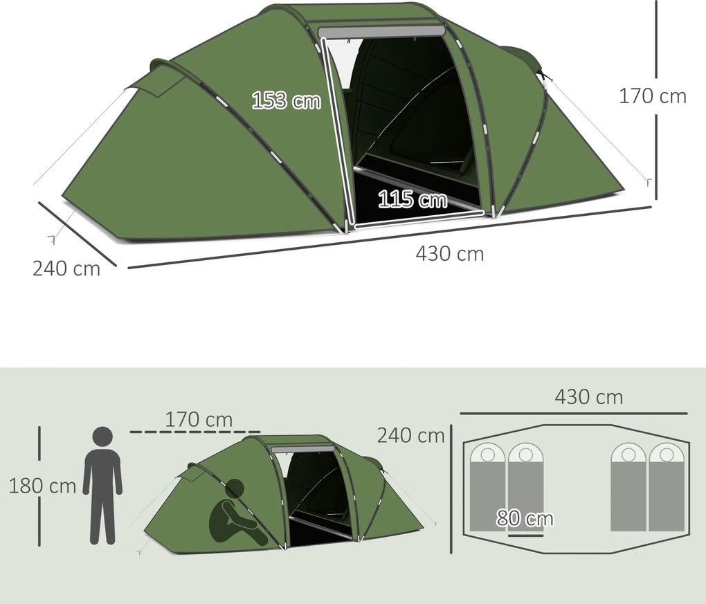 Tunelový stan pro 4-6 osob, kempinkový stan s dveřmi, podlážka, 2000 mm vodotěsná zelená barva