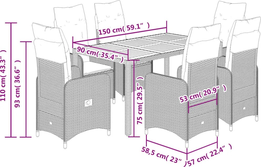 7dílný zahradní bistro set s poduškami černý polyratan 3276979