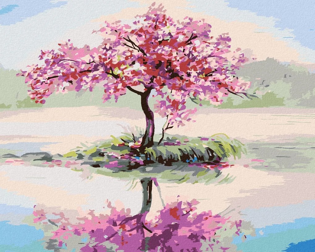 zuty malování podle čísel - rozkvetlá sakura u jezera, 40x50 cm, vypnuté plátno na rám