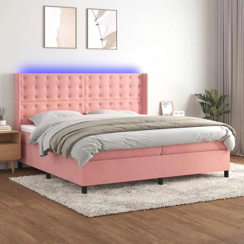 Box spring postel s matrací a LED růžová 200x200 cm samet 3139828