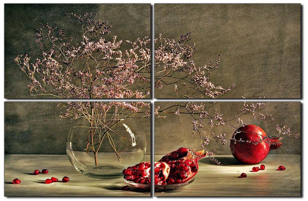 Obraz na plátně - Zátiší - větev a granátové jablko 1274E (120x80 cm)