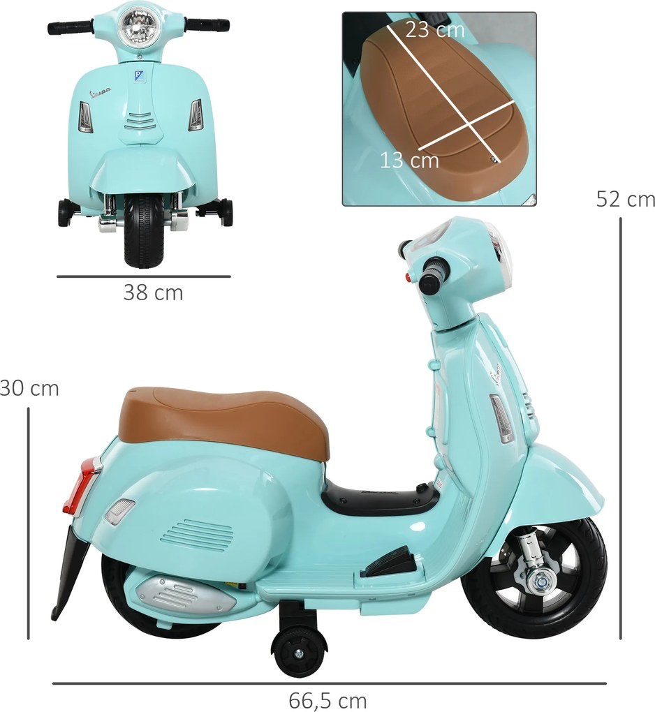 HOMCOM VESPA elektrická motorka dětská motorka elektrické vozidlo 18-36 měsíců 3 km/h LED světlo zvuk PP plast kov zelená 66,5 x 38 x 52 cm