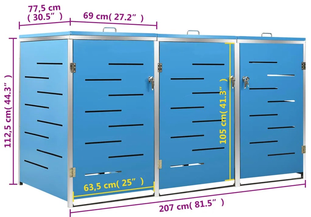 vidaXL Marketos Přístřešek na tři popelnice 207 x 77,5 x 112,5 cm nerezová ocel