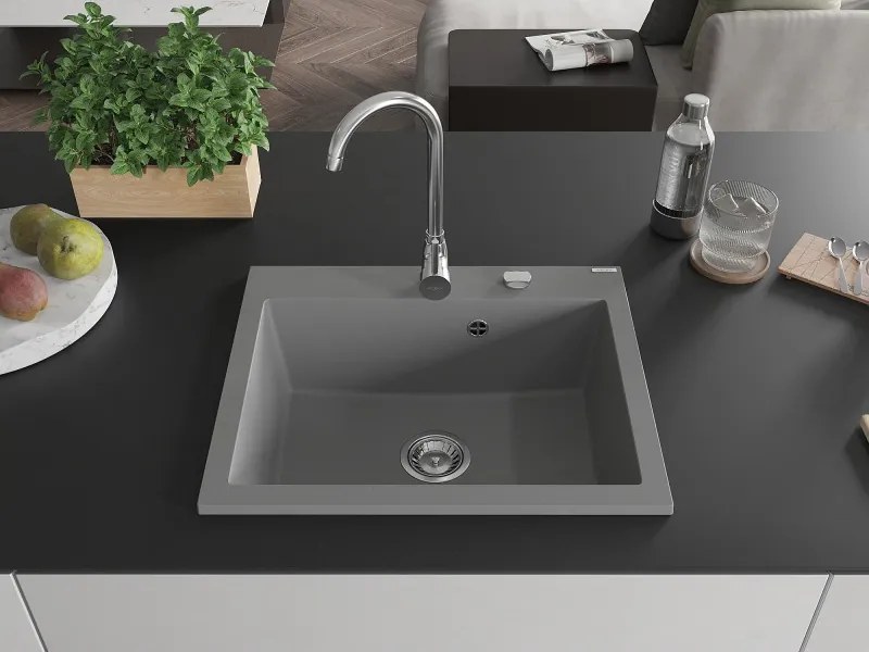 Mexen Elix, 1-komorový granitový dřez 600 x 500 mm, šedý, chromový sifon - 6525601005-71