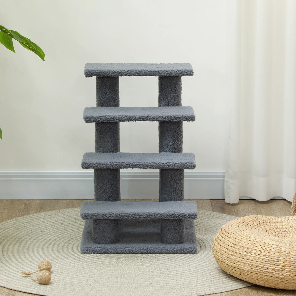 PawHut schodiště pro zvířata schodiště pro kočky schodiště pro psy 4 stupně šedé 63,5x43x60cm pro kočky a psy, ideální pro seniory a malá zvířata