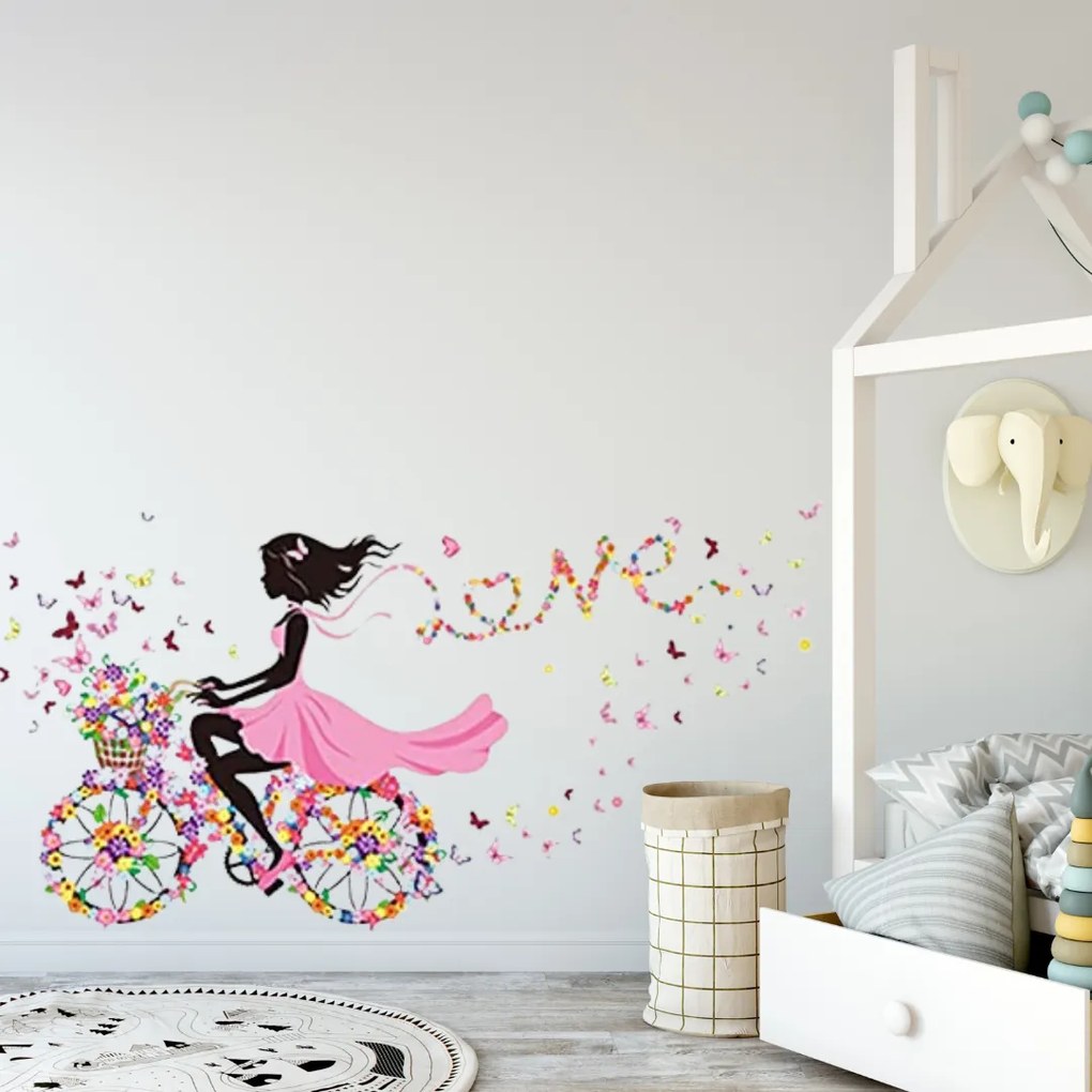 PIPPER | Samolepka na zeď "Dívka s motýly na kole" 140x70 cm