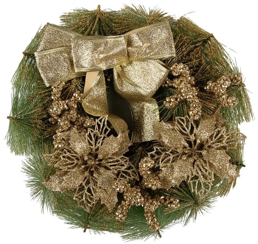 Zeleno-zlatý vánoční věnec s mašlí Christmas Wreath - Ø 30*7 cm
