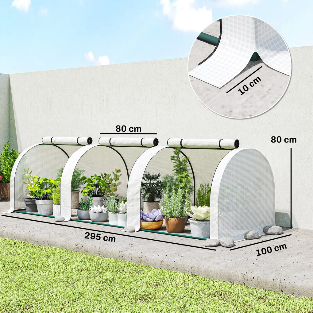 Outsunny mini skleníkový tunel pro rajčata 3 × 1 × 0,80 m, práškově lakovaný ocelový rám, vysokohustotní PE 140 g/m², odolný proti UV, 3 rolovací zip…