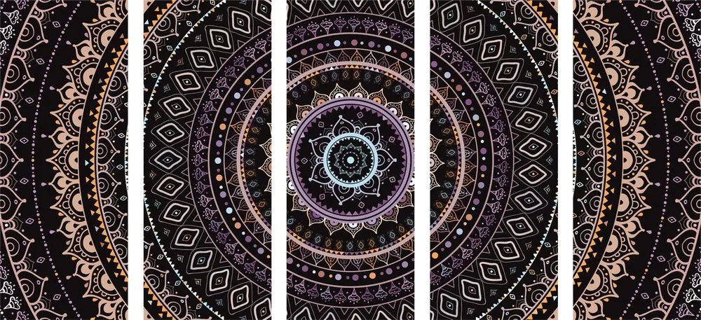 5-dílný obraz Mandala se vzorem slunce ve fialových odstínech