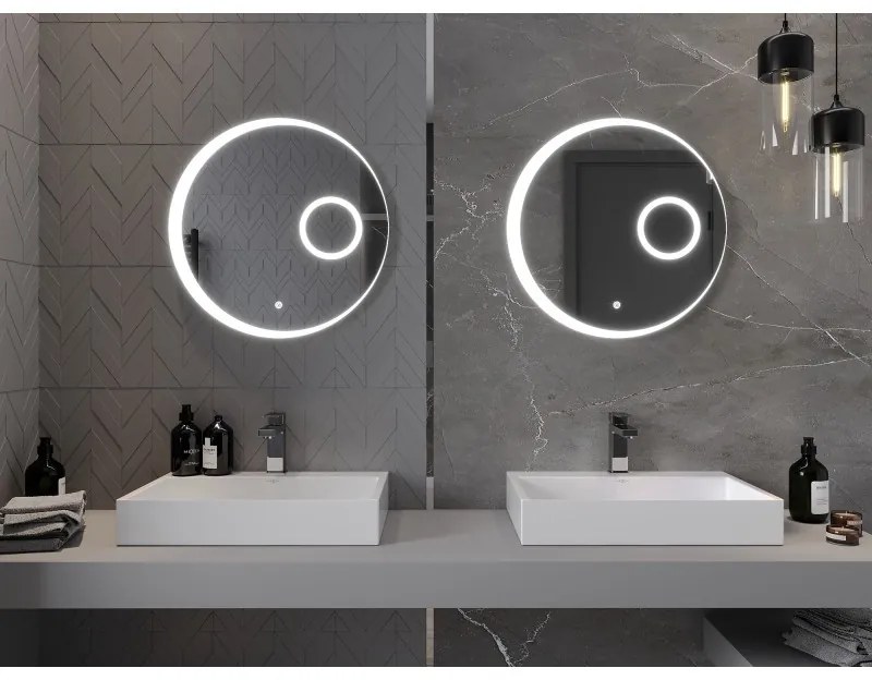 Mexen Ella podsvícené koupelnové zrcadlo s kosmetickým zrcátkem, Kulaté 60 cm, LED 6000K, ventilátor - 9811-060-060-611-00