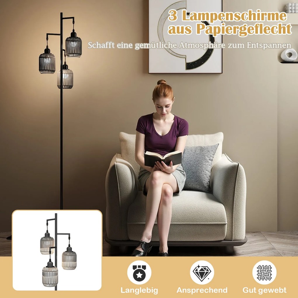 Costway Stojací lampa 173 cm lampa na čtení s 3 E27 zásuvkami a nožním – černý