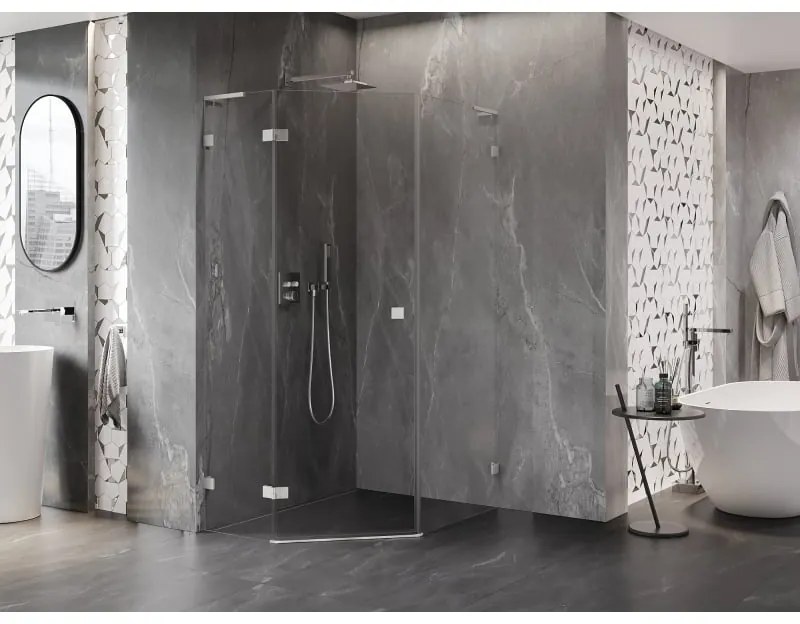 Mexen Lunar, L pětiúhelníkový sprchový kout naklápěcí doleva 80 x 100 cm, 8mm čiré sklo, ocelový profil, 831L-080L-100P-97-00-L