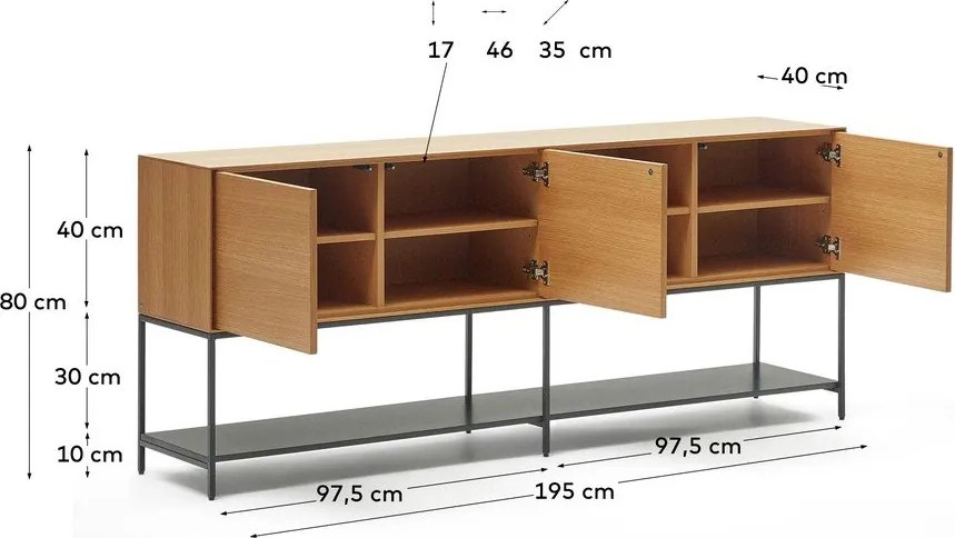 Nízká komoda v dekoru dubu v přírodní barvě 195x80 cm Vedrana – Kave Home