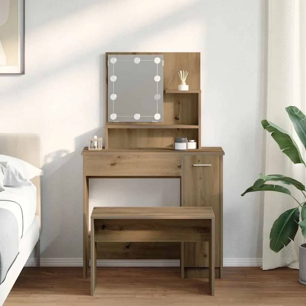 sada toaletního stolku s LED dub artisan kompozitní dřevo 3329186