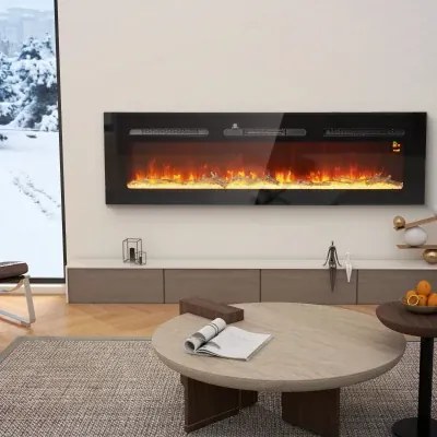 HOMCOM Elektrický krb s nástěnným držákem a dálkovým ovládáním, umělé polena a krystaly, výkon 1800W, černá 820-422V93BK