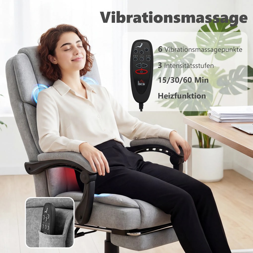 HOMCOM kancelářské křeslo s masáží — ergonomické polohovatelné vyhřívané manažerské křeslo se širokým sedákem, vzhled sametu, výškově nastavitelné, s…