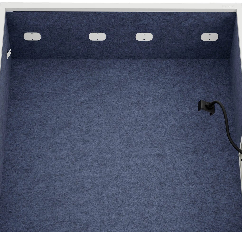 Kancelářská akustická kabina se sedátkem a USB-C portem, korpus bílý / sedák námořnická modrá, 1150 mm: SALLY MentalBox