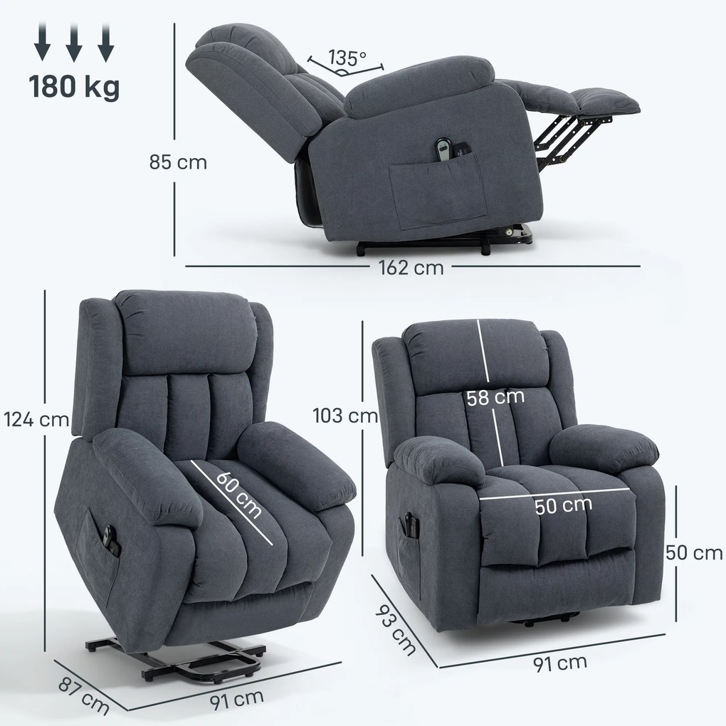 HOMCOM Televizní křeslo s funkcí vstávání, elektrické relaxační křeslo s funkcí ležení, masážní funkcí, 93x91x103 cm, tmavě šedé