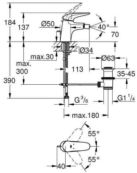 Grohe Wave Bidetová páková baterie stojánková s výpustí chrom 32288001