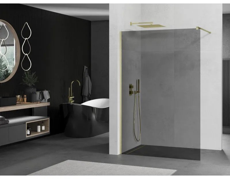 Mexen Kioto, sprchová zástěna Walk-In 70 x 200 cm, 8mm šedé sklo, zlatý matný profil, 800-070-101-55-40