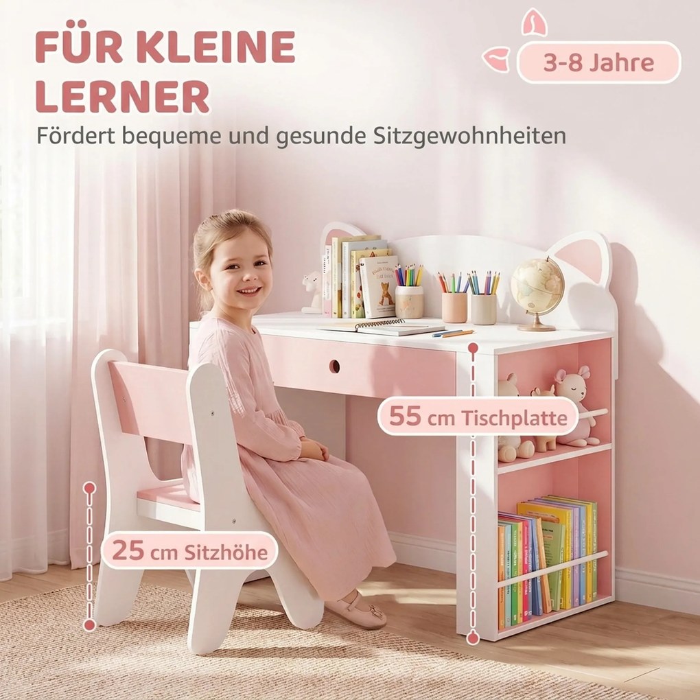 AIYAPLAY dětský stůl se židlí 2dílná dětská sezení s knihovnou a zásuvkou, design liška pro děti 3-8 let, bílo+růžové