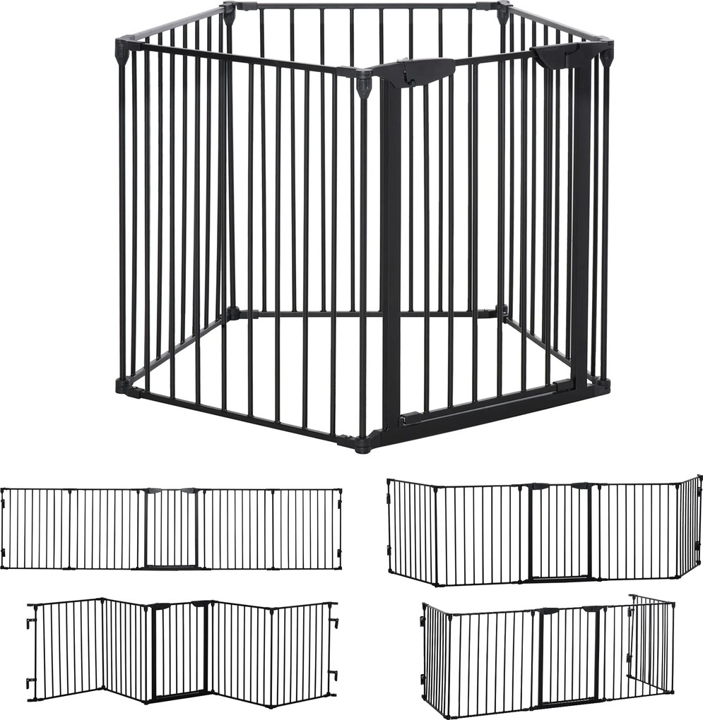 PawHut 2 v 1 výběh pro štěňata 5-TLG Skládací ohrádka s dvířky pro malé a střední psy, DIY ohrádka pro štěňata 300 x 74,5 cm kovová černá