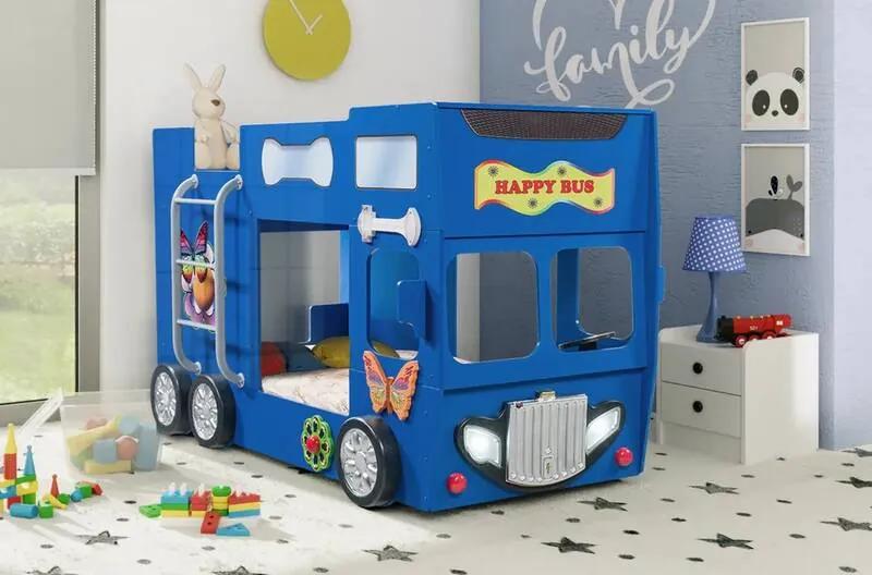 Dětská patrová postel Happy Bus modrý 190 x 90 cm