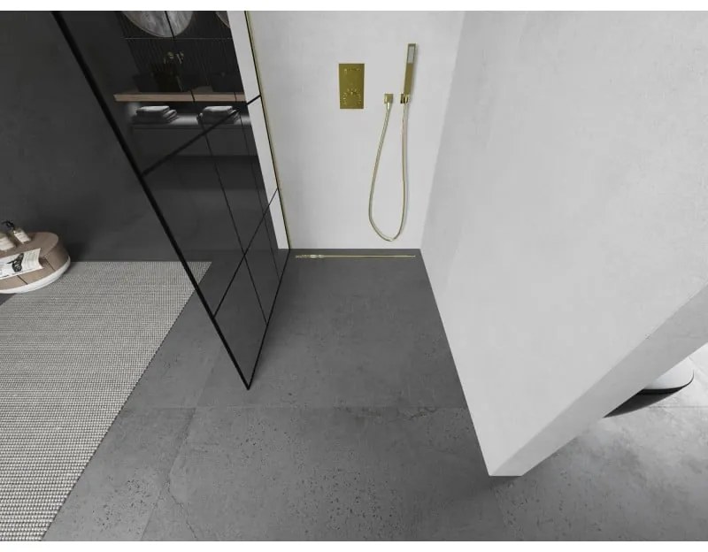 Mexen Kioto L, sprchová zástěna Walk-In 100 x 200 cm, 8mm čiré sklo černý vzor, zlatý lesklý profil, 800-100-103-50-77