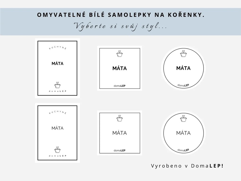 MÁTA - omyvatelná samolepka na kořenky, výběr rozměrů Ø 5 cm / 5 x 5 cm / 6 x 8 cm | DomaLEP tvar: ČTVEREC, barva: BÍLÁ - ČERNÉ písmo, velikost: š. 5 cm x v. 5 cm - základní písmo