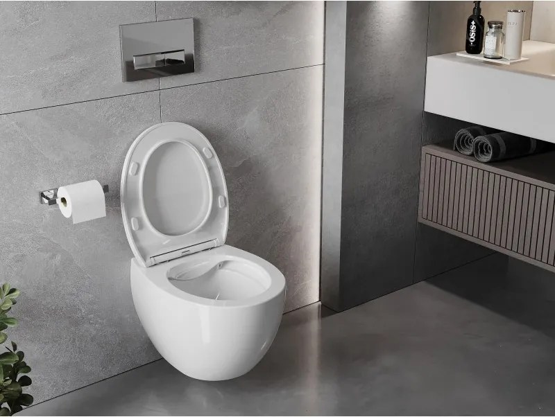 Mexen Egg, závěsná WC mísa Rimless s duroplastovým sedátkem s pomalým zavíráním, bílá lesklá, 30245000