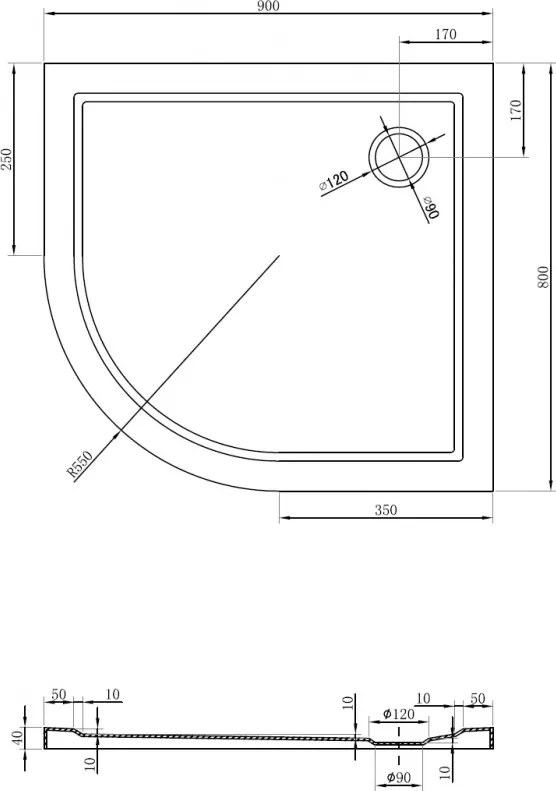 Mexen Flow, asymetrická čtvrtkruhová sprchová vanička slim, pravá 90 x 80 cm, černá matná - 46Q708090R