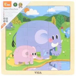 Viga Dřevěné puzzle 9 dílků - sloni