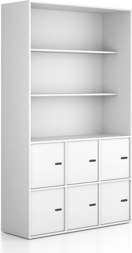Kancelářská skříň FRAME, 6x dveře, 2x police, 1299 x 450 x 2162 mm, mechanický kódový zámek, bílá