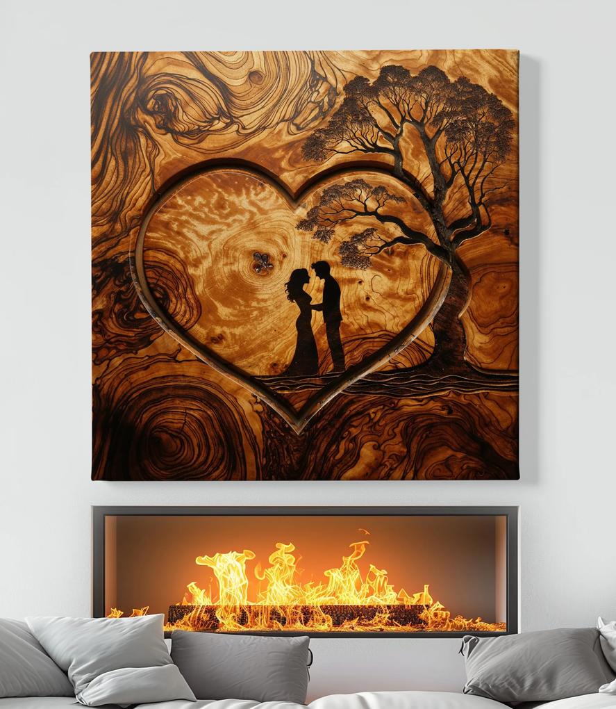 Obraz na plátně - Milenci v srdci a strom života, dřevo styl FeelHappy.cz Velikost obrazu: 120 x 120 cm