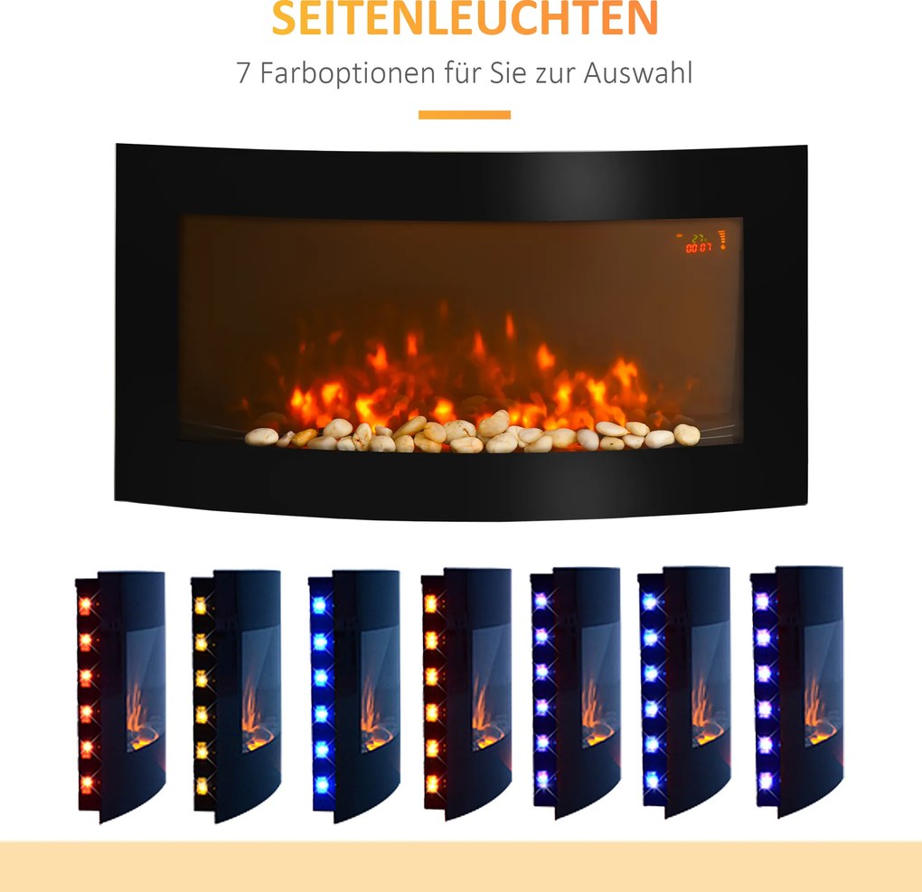 HOMCOM Elektrokamin s topením, nástěnný krb s LED efektem plamene, 10 barev plamene, 900/1800 W, elektrický krb s časovačem, nastavitelný termostat, …