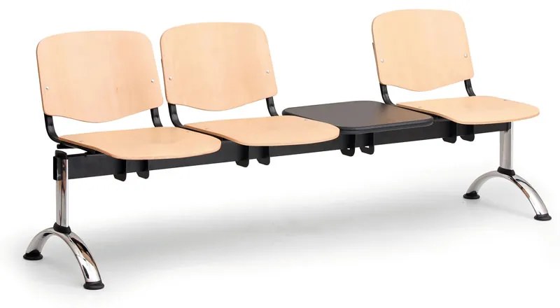 EUROSEAT Dřevěná lavice do čekáren ISO, 3-sedák + stolek, chrom nohy