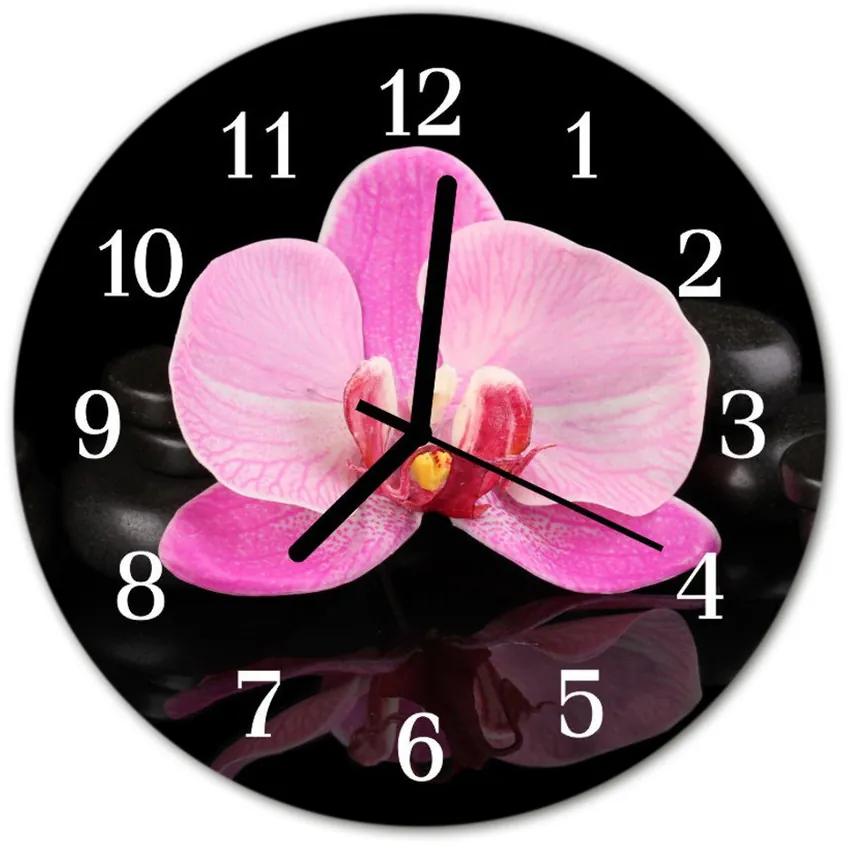 Skleněné hodiny kulaté orchidej