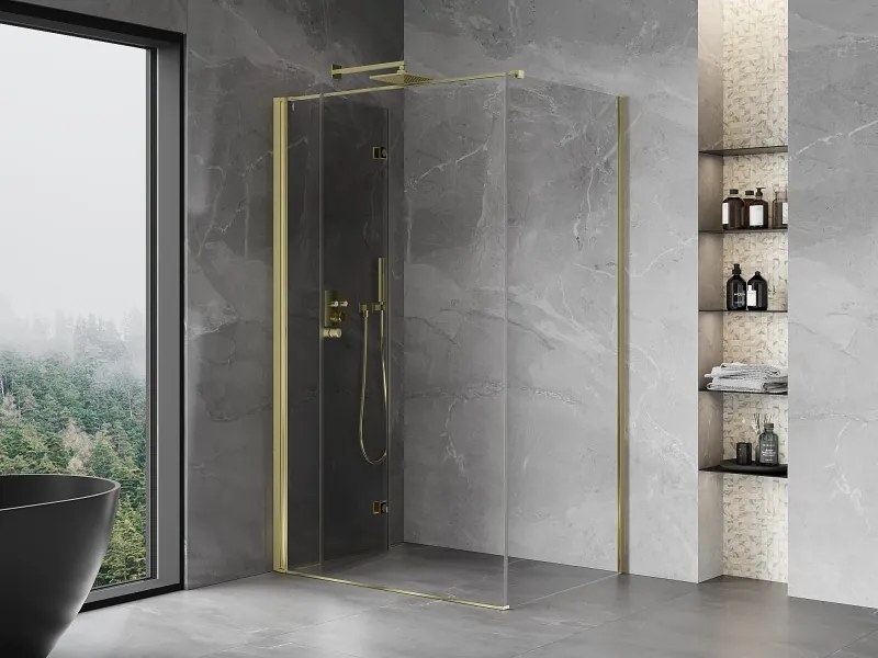 Mexen Mist-F T, 1-křídlý ​​skládací sprchový kout levý 90 x 85 cm, čiré sklo, zlatý lesklý profil, 8A6T-090-085-50-00-L