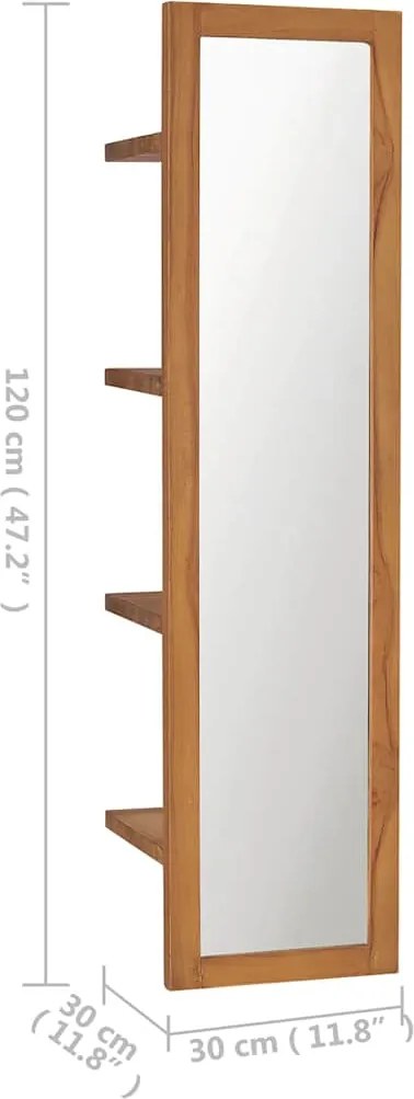 Nástěnné zrcadlo s poličkami 30 x 30 x 120 cm masivní teak 289070
