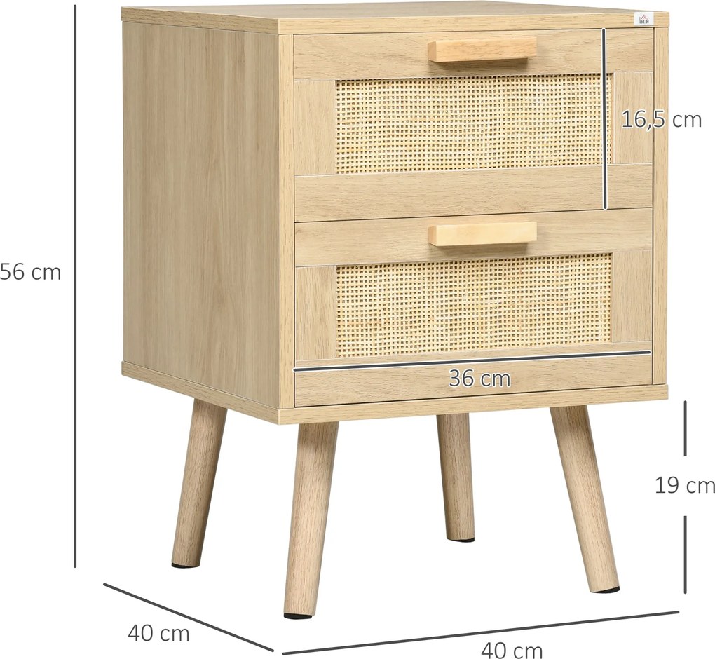 HOMCOM Set 2 Nočních Stolků, Boční Stoly, 2 Zásuvky s Ratanovými Předními Stranami, Boho Styl, Noční Stolky, Nohy z Přírodního Borového Dřeva | Aosom