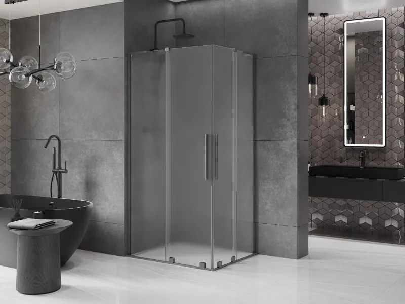 Mexen Velar L Duo, sprchový kout s posuvnými dveřmi 90 x 80 cm, 8mm sklo námraza, broušený grafit, 871-090-080-02-33-66